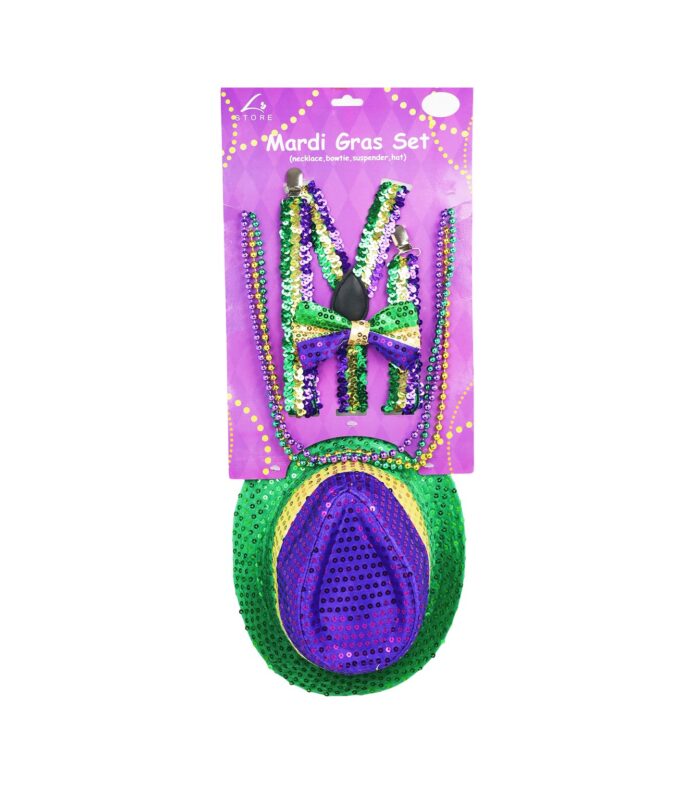 Mardi Gras Set – Necklace, Bowtie, Suspender, and Hat – LookSharpStore