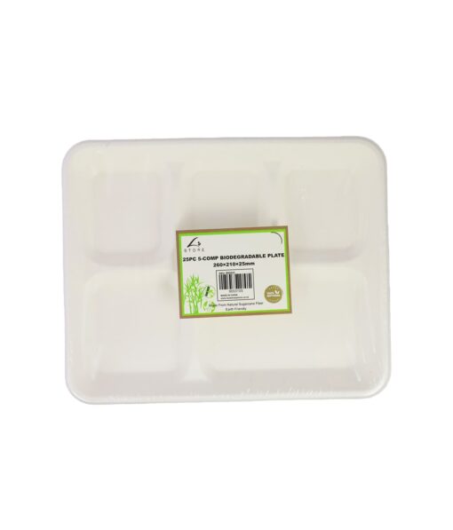 5 Section Biodegradable Plates 25pc 260 x 210 x 25 mm – LookSharpStore