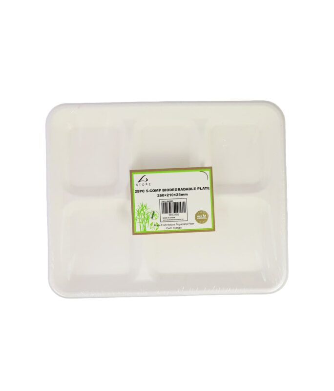 5 Section Biodegradable Plates 25pc 260 x 210 x 25 mm – LookSharpStore